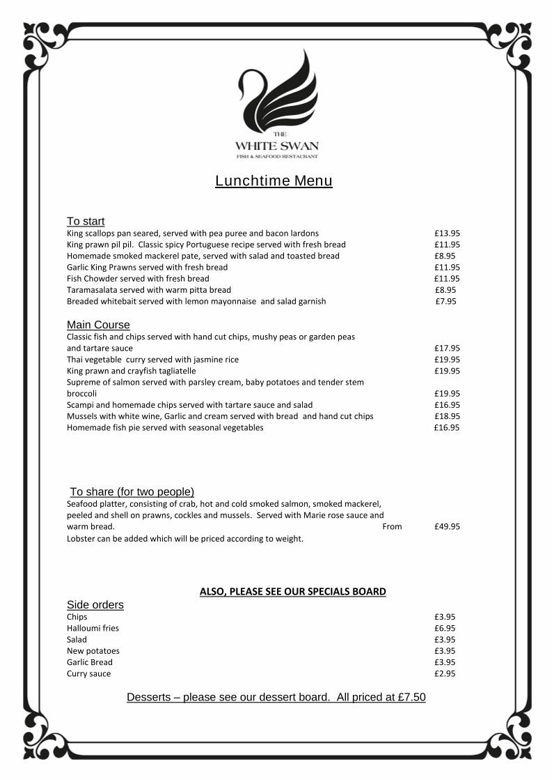 Menu at The White Swan pub & bar, Great Yarmouth, 1 N Quay