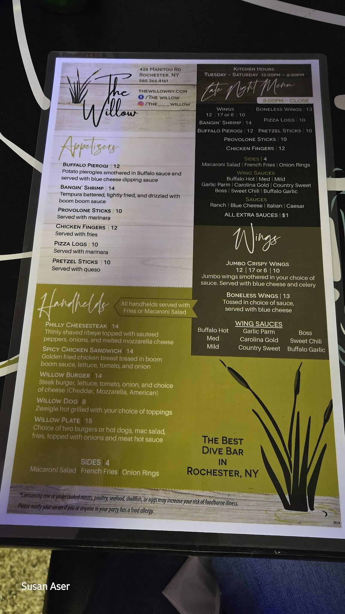 Menu at The Willow pub & bar, Hilton, 428 Manitou Rd