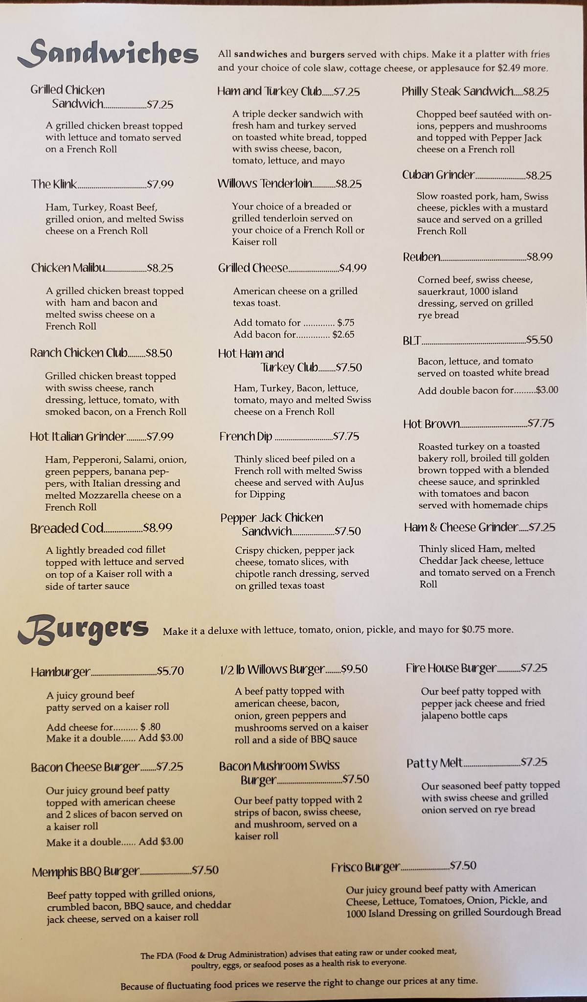 Menu at The Willows pub & bar, Santa Ynez