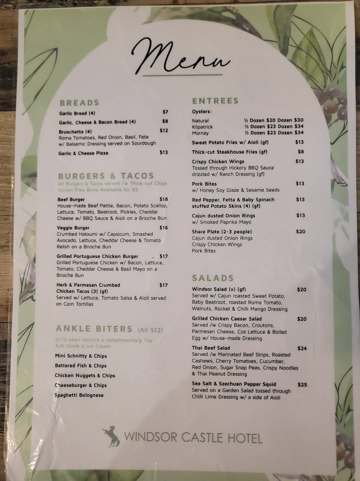 Menu at The Windsor Castle Hotel pub & bar, East Maitland