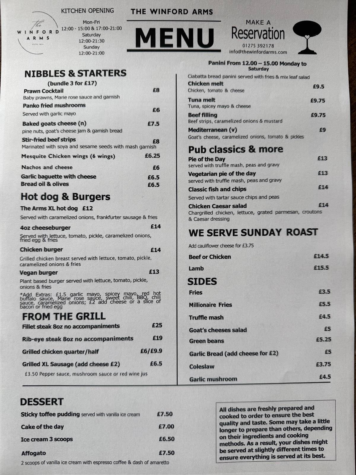 Menu at The Winford Arms pub & bar, Bristol