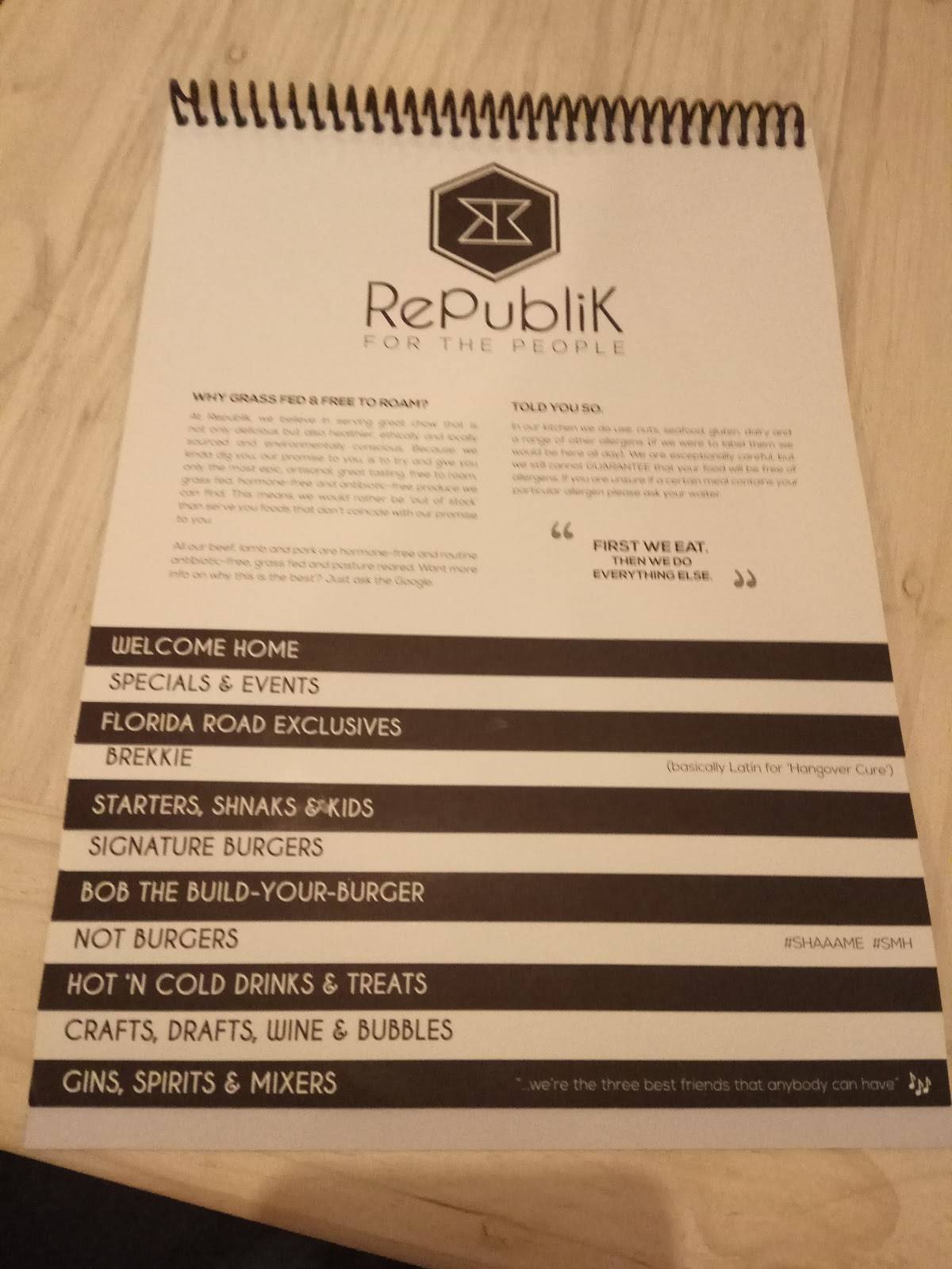 Menu at The Wing Republic on Florida Road, Durban