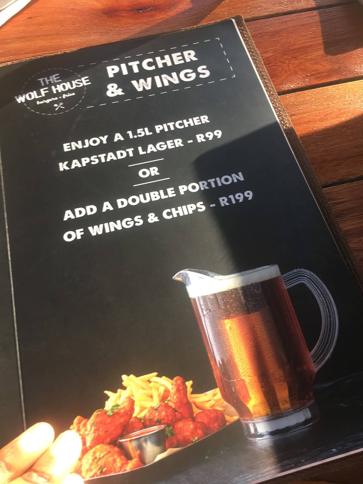 Menu at The Wolf House restaurant, Cape Town