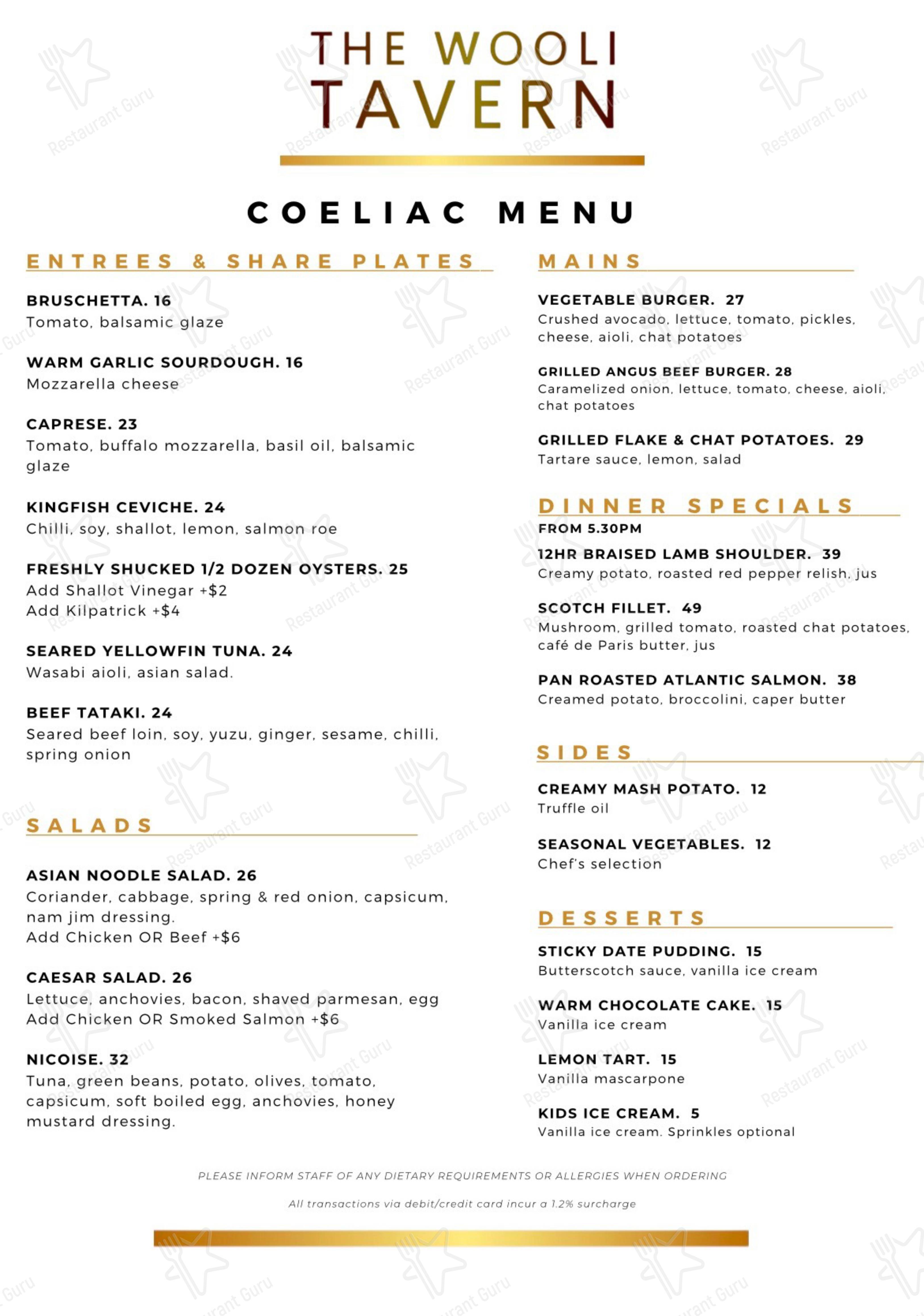 Menu at The Wooli Tavern pub & bar, Cape Woolamai
