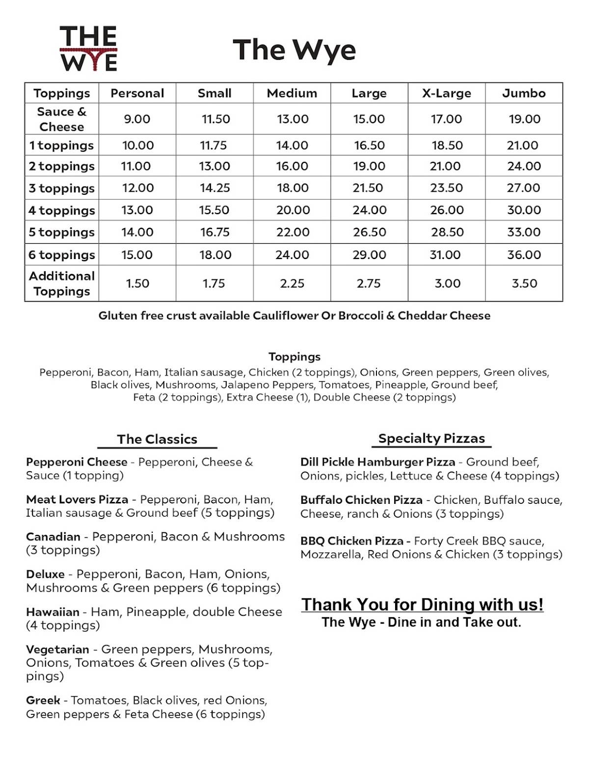 Menu at The Wye Restaurant & Bar, Iroquois Falls