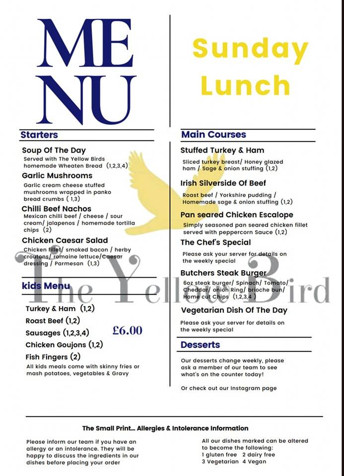Menu at The Yellow Bird cafe, Limavady