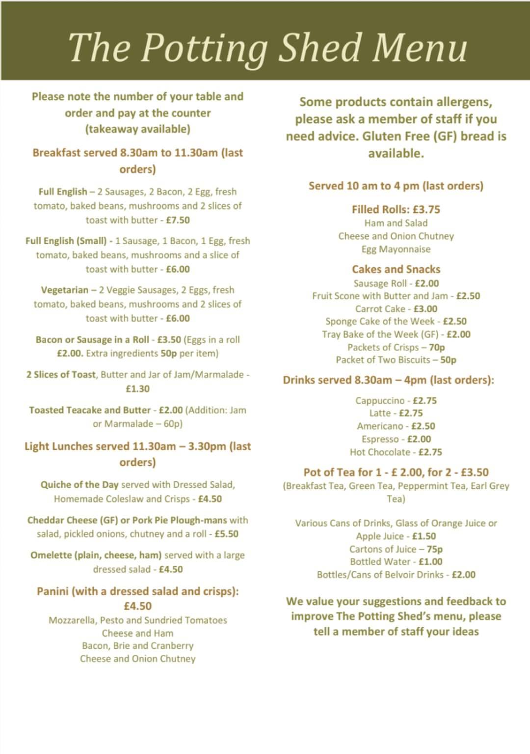 Menu at The potting shed cafe, Scalford