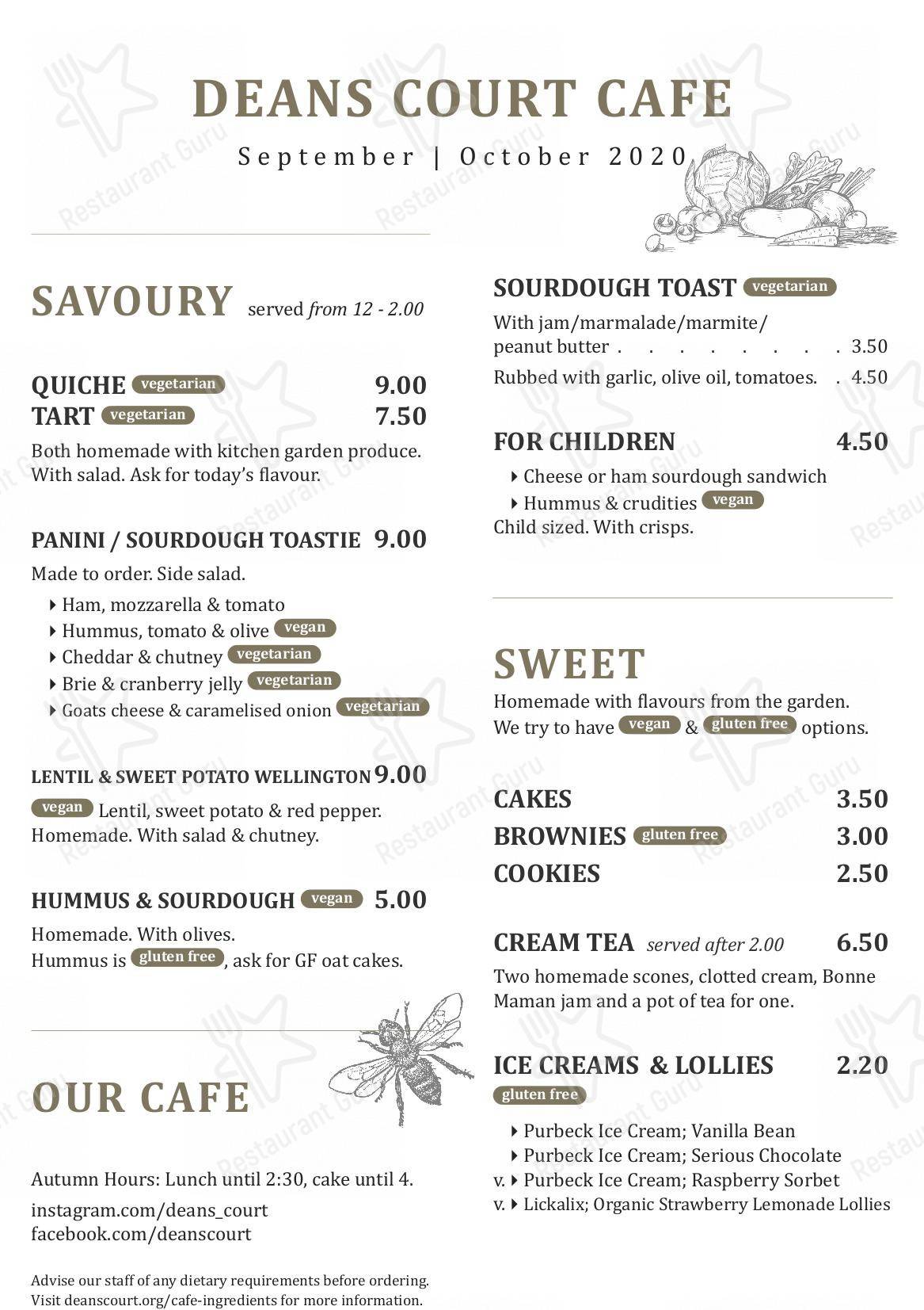 Menu at Deans Court Courtyard Cafe, Wimborne Minster