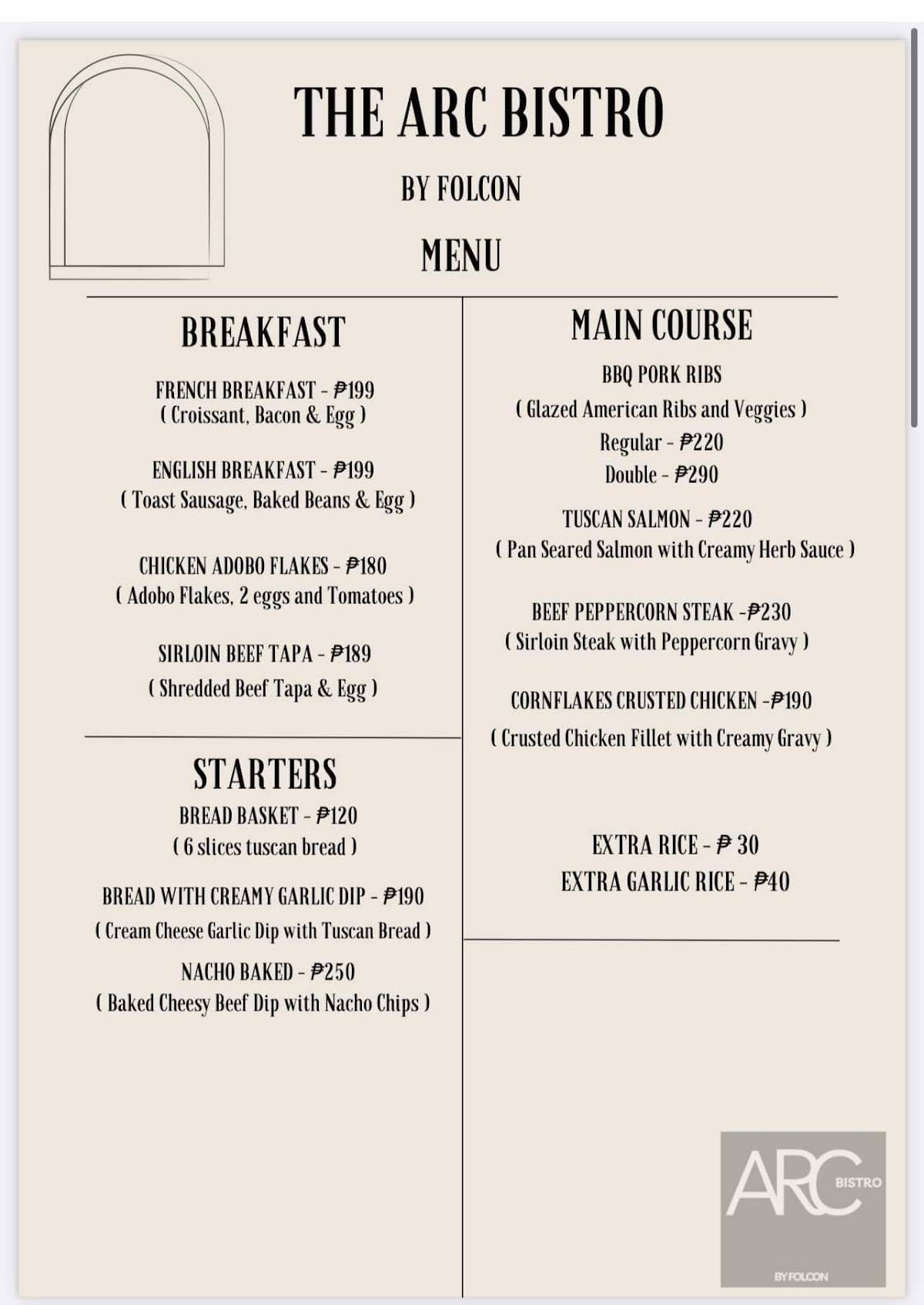 Menu at TheArcBistro by Folcon cafe, San Pablo City
