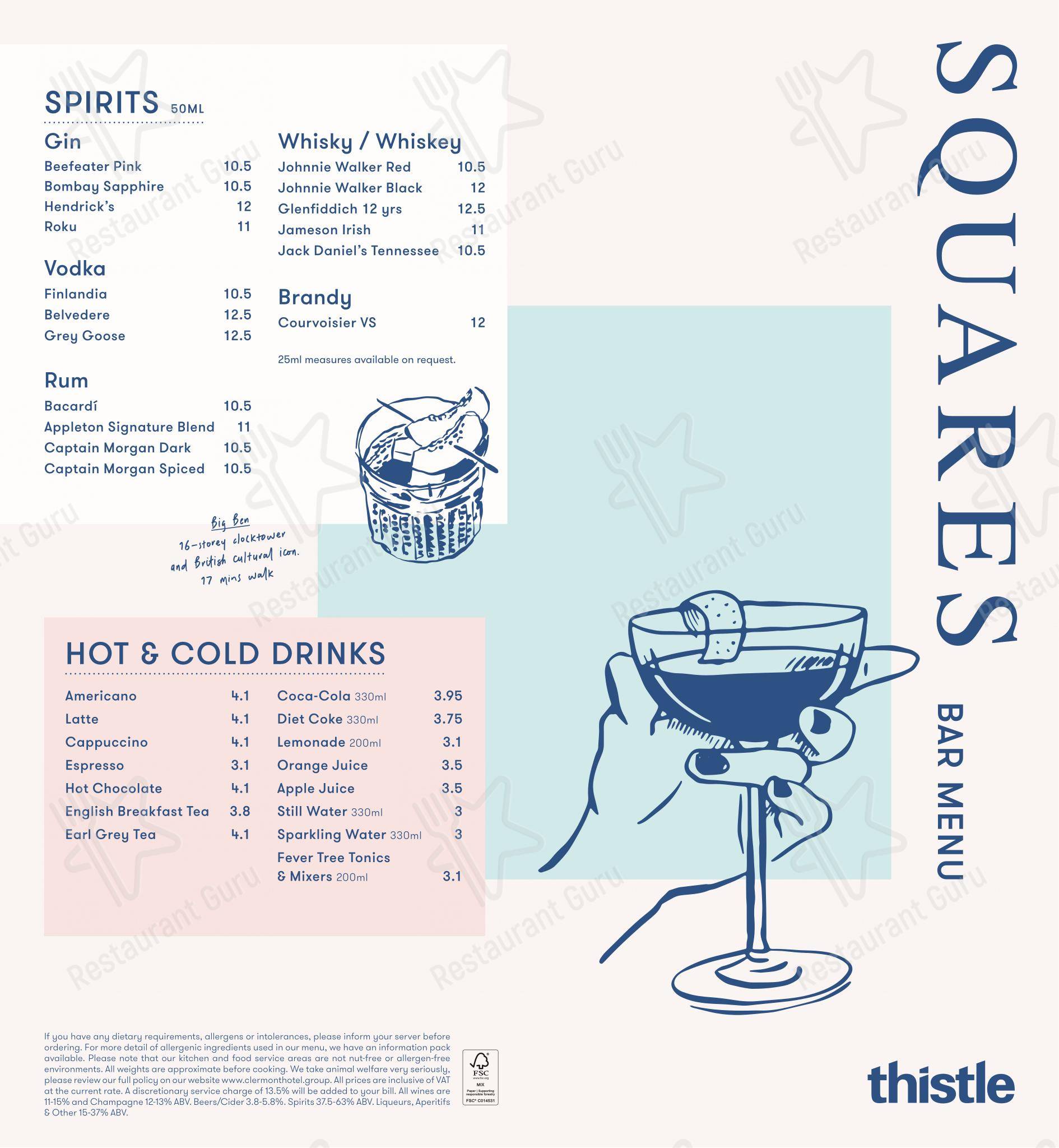 Menu at Thistle Royal Trafalgar restaurant, London