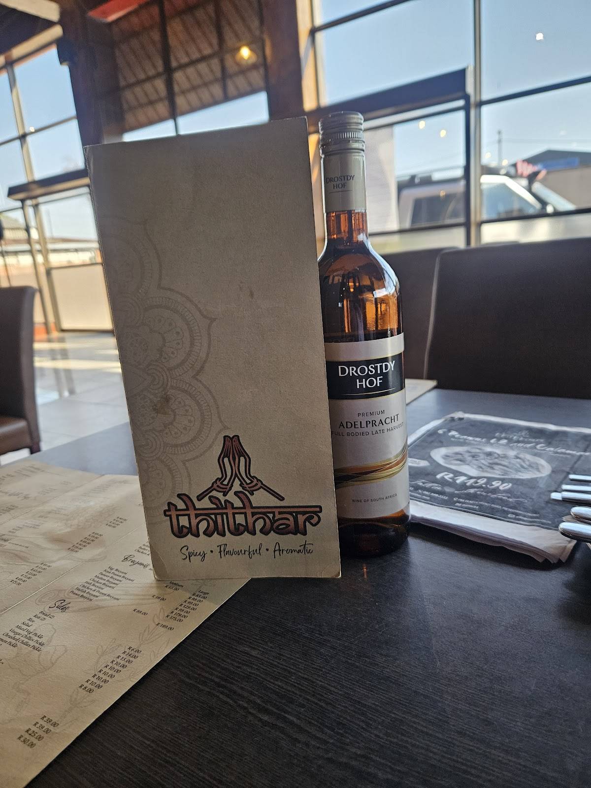Menu at Thithar restaurant, Pietermaritzburg