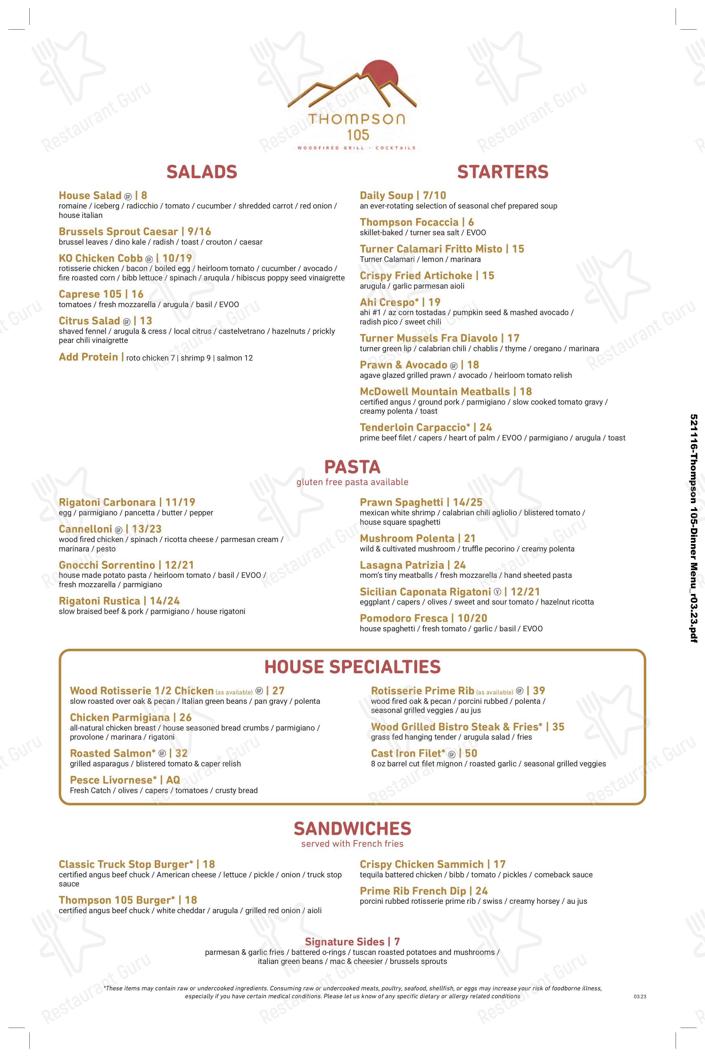 Menu at Thompson 105 restaurant, Scottsdale