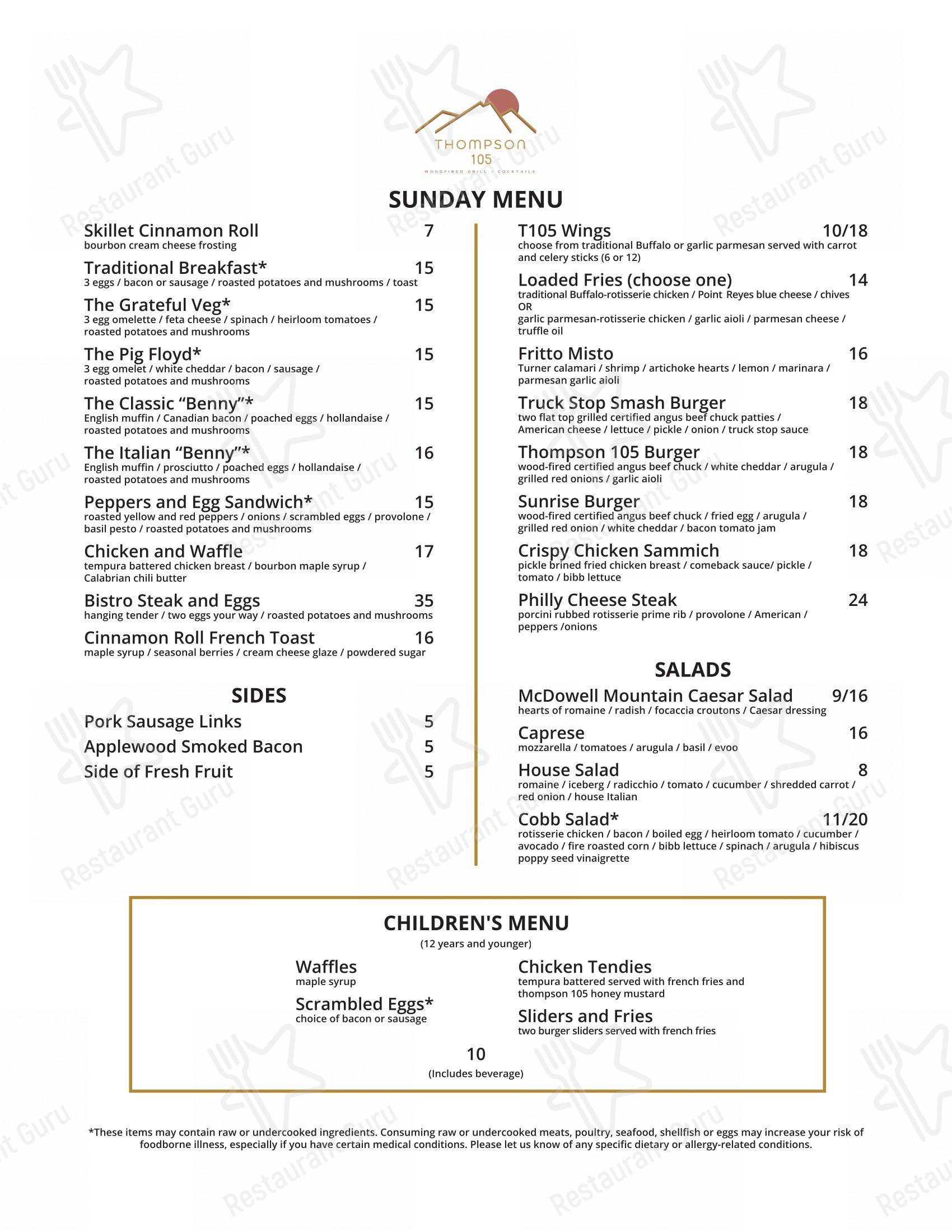 Menu at Thompson 105 restaurant, Scottsdale