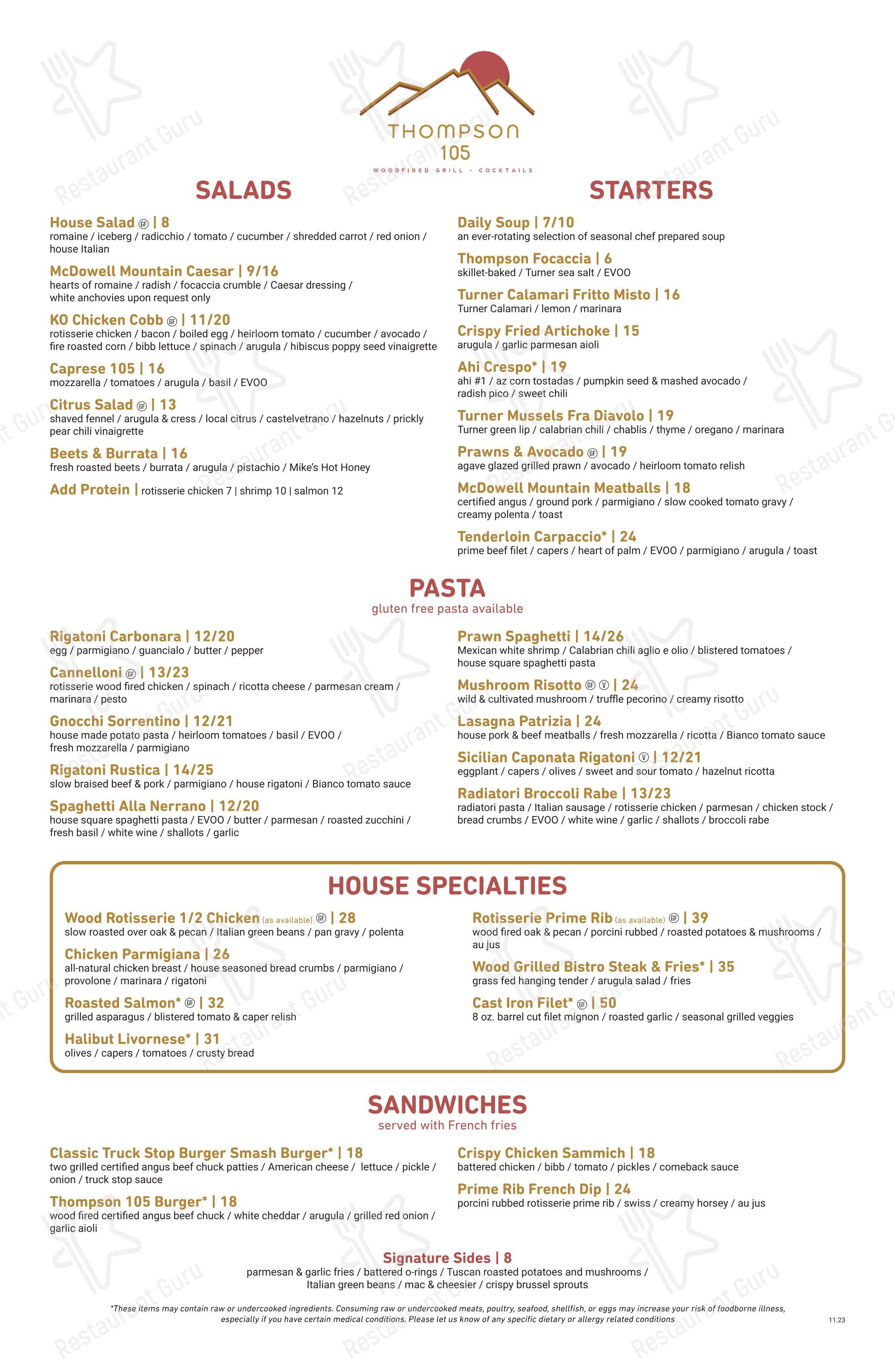 Menu at Thompson 105 restaurant, Scottsdale