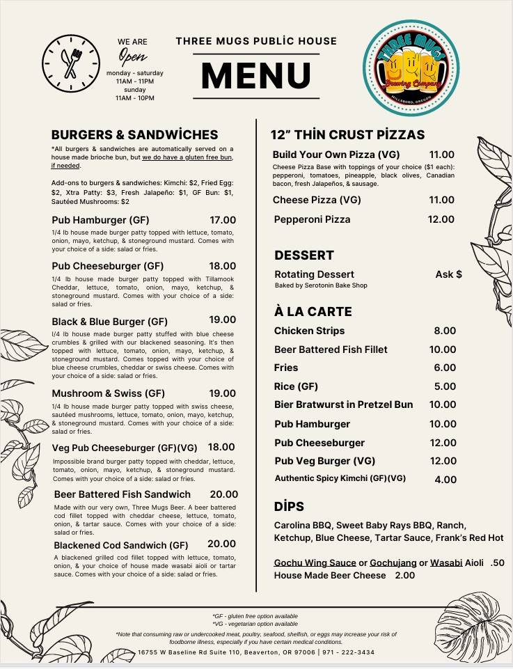 Menu at Three Mugs Public House, Beaverton