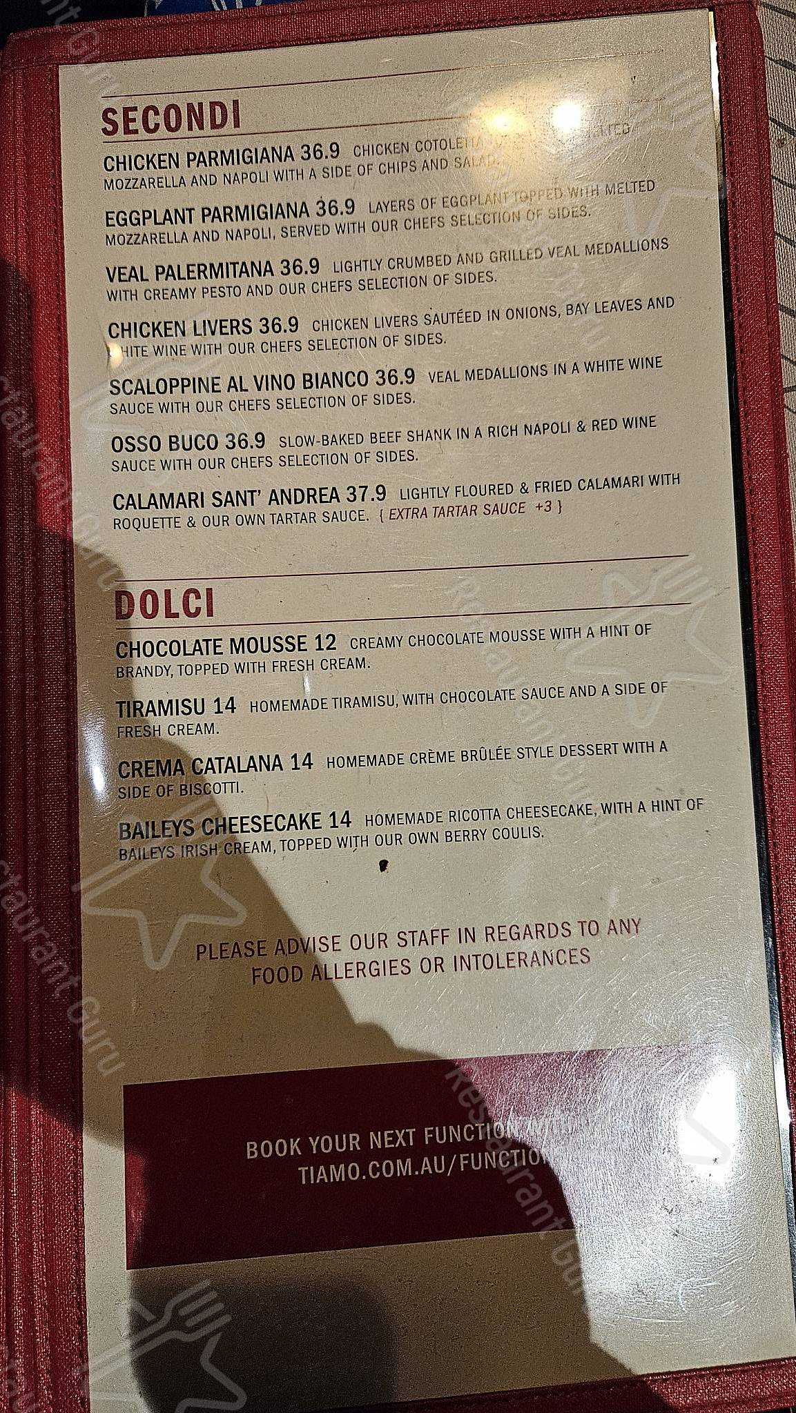 Menu at Tiamo restaurant, Carlton