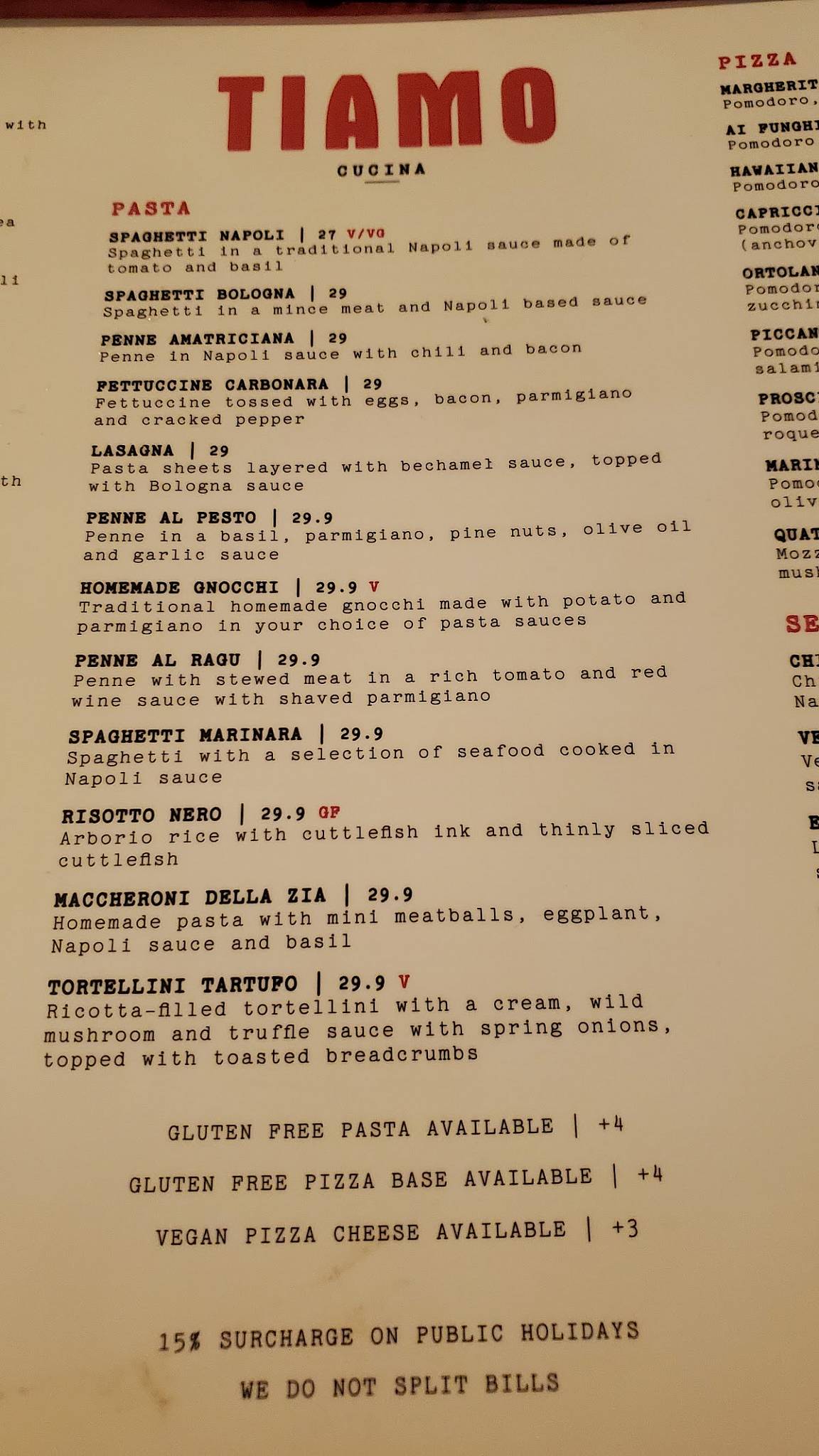 Menu at Tiamo restaurant, Carlton