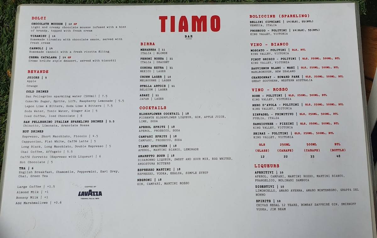 Menu at Tiamo restaurant, Carlton