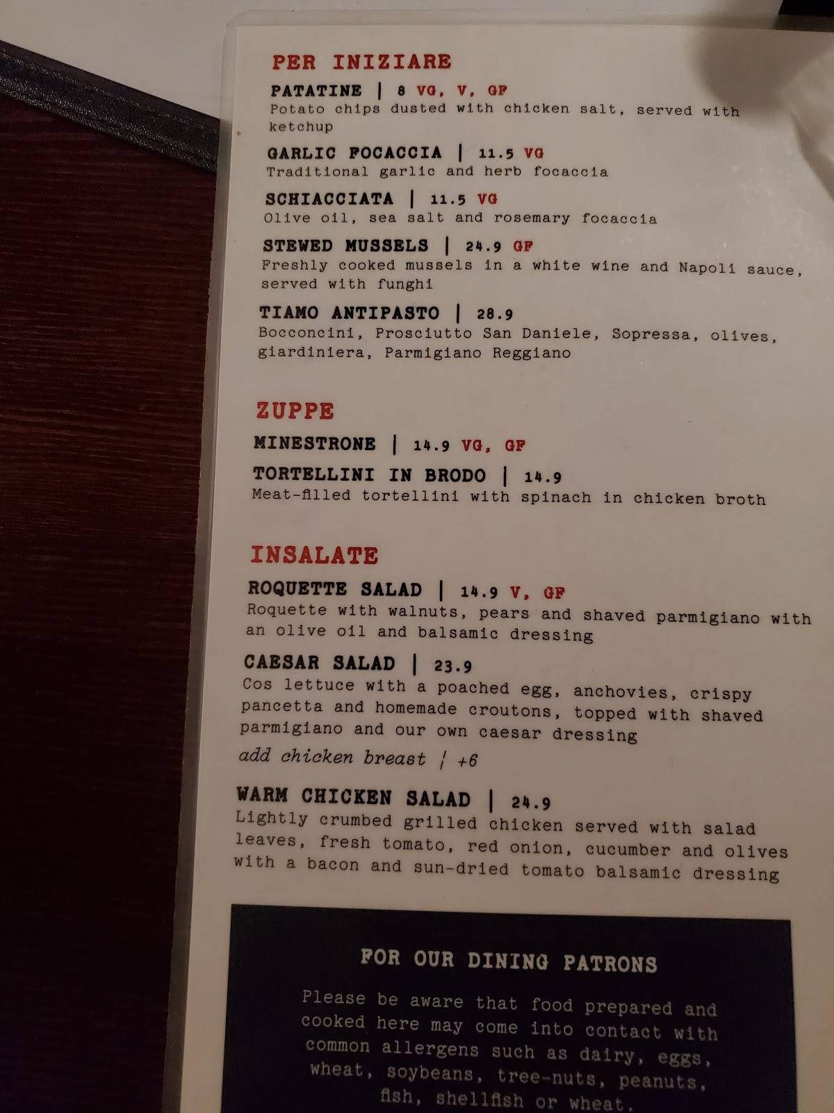 Menu at Tiamo restaurant, Carlton