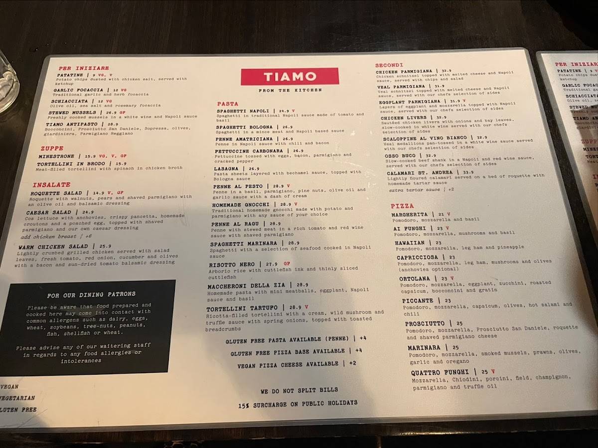 Menu at Tiamo restaurant, Carlton