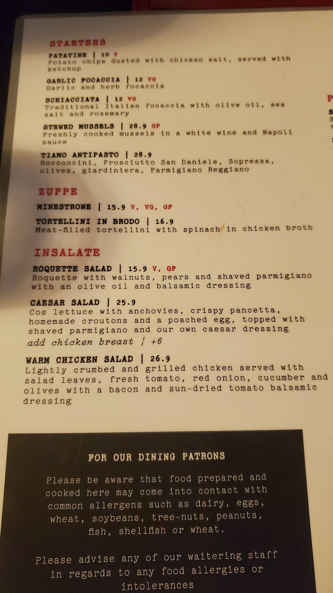 Menu at Tiamo restaurant, Carlton