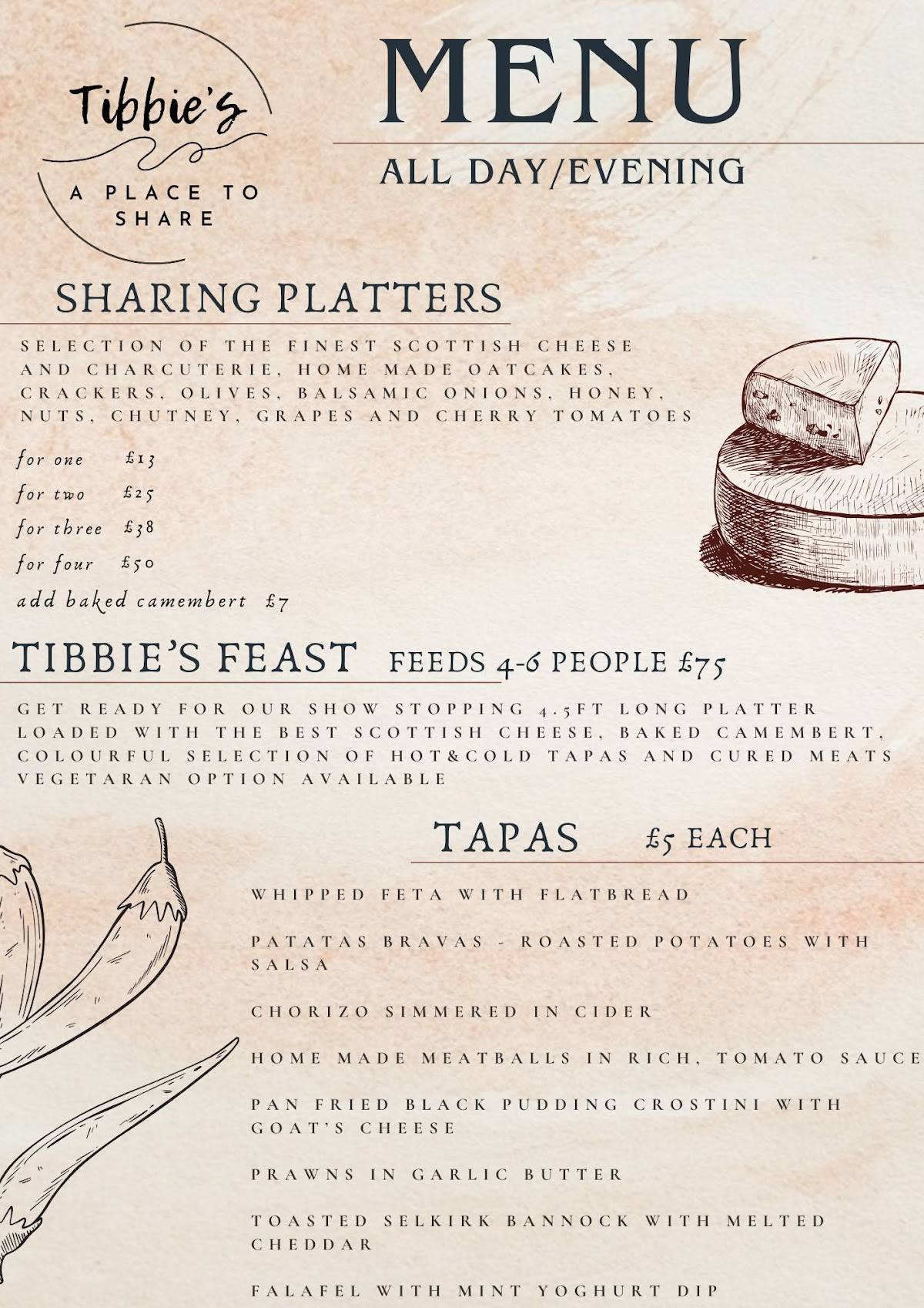 Menu at Tibbie's restaurant, Selkirk