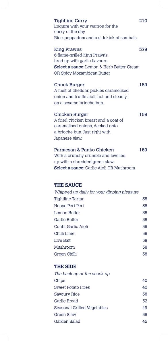 Menu at Tightline Salta restaurant, Umdloti