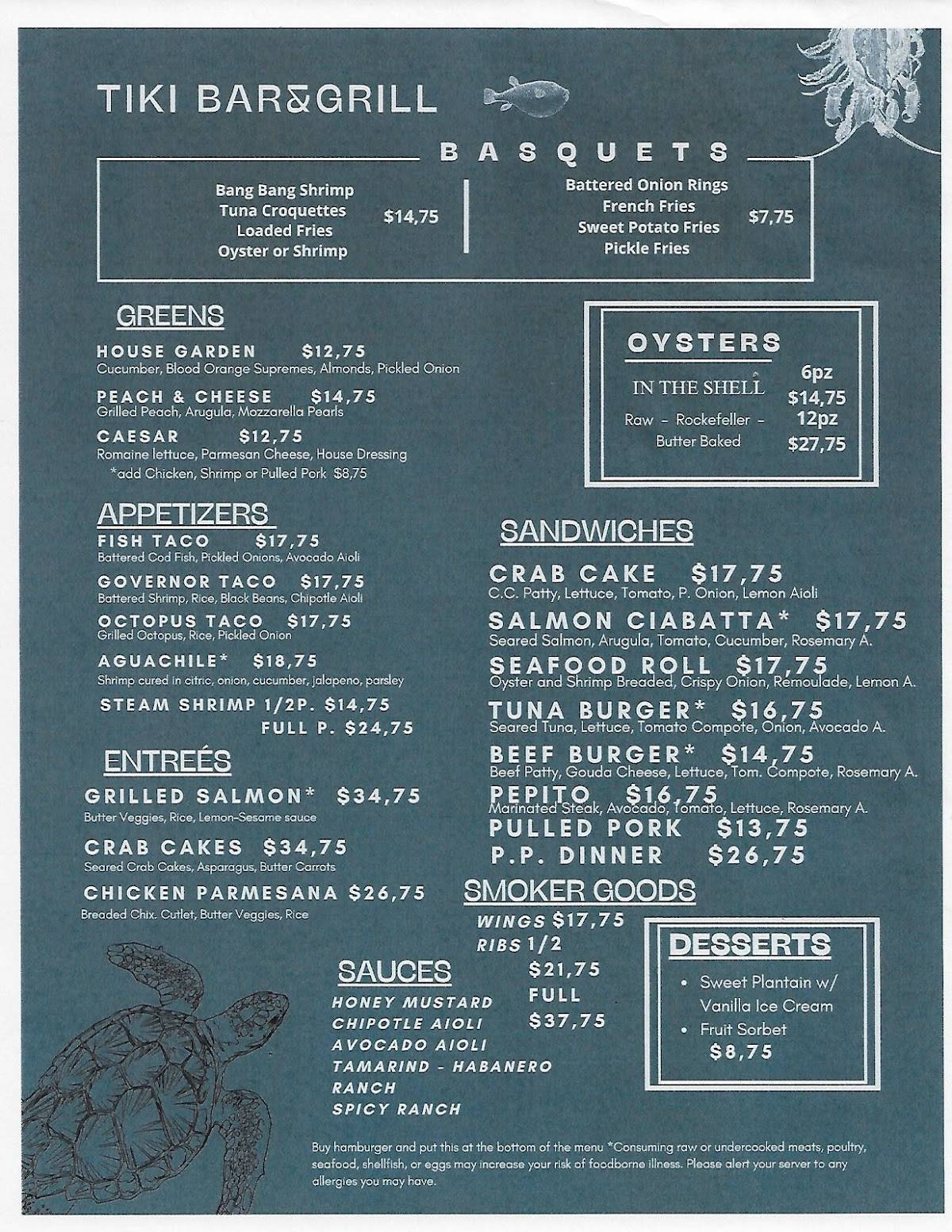 Menu at Big Mike's Tiki Bar at Windmill Point, USA