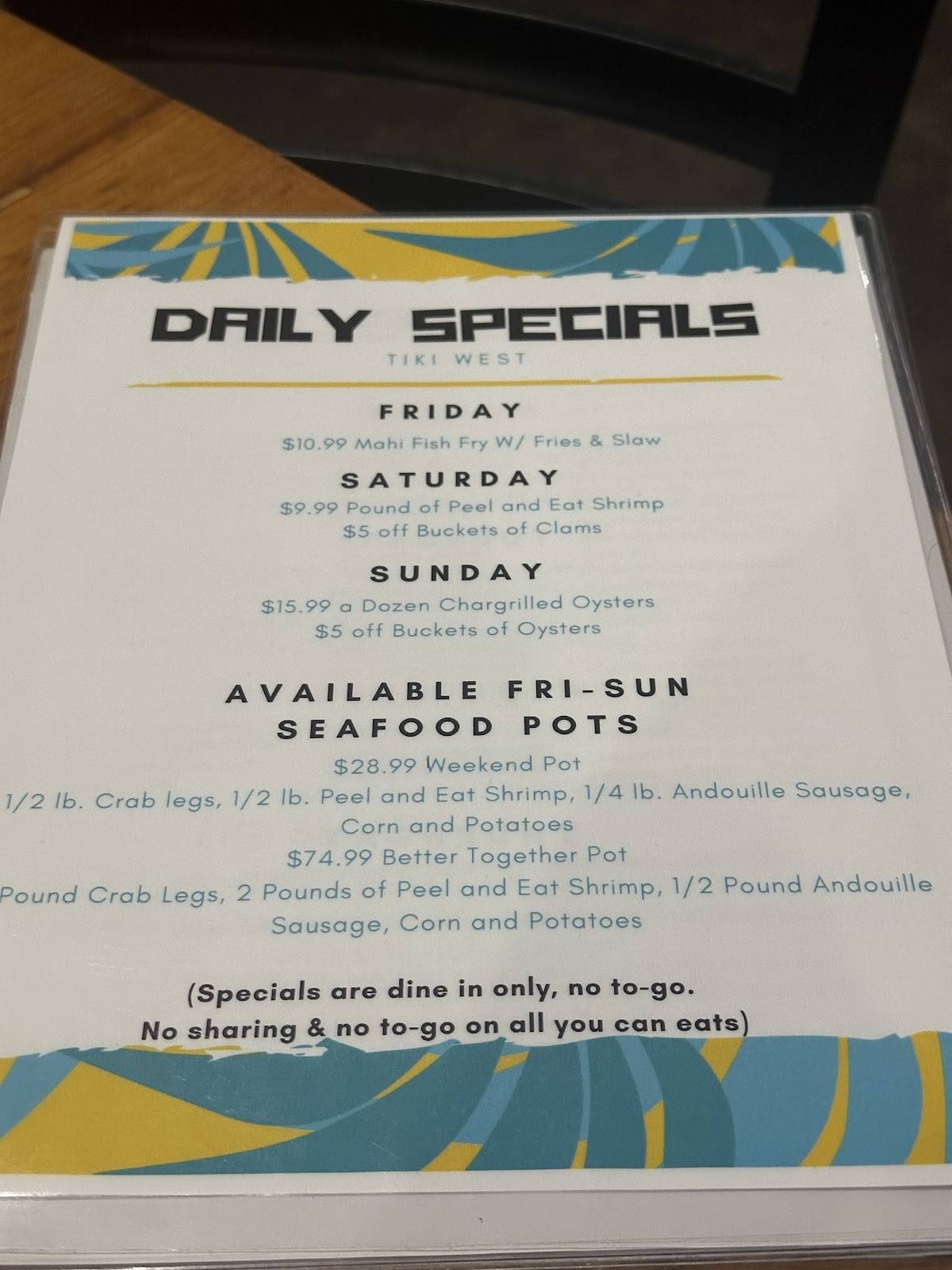 Menu at Tiki West Raw Bar and Grill, Tavares