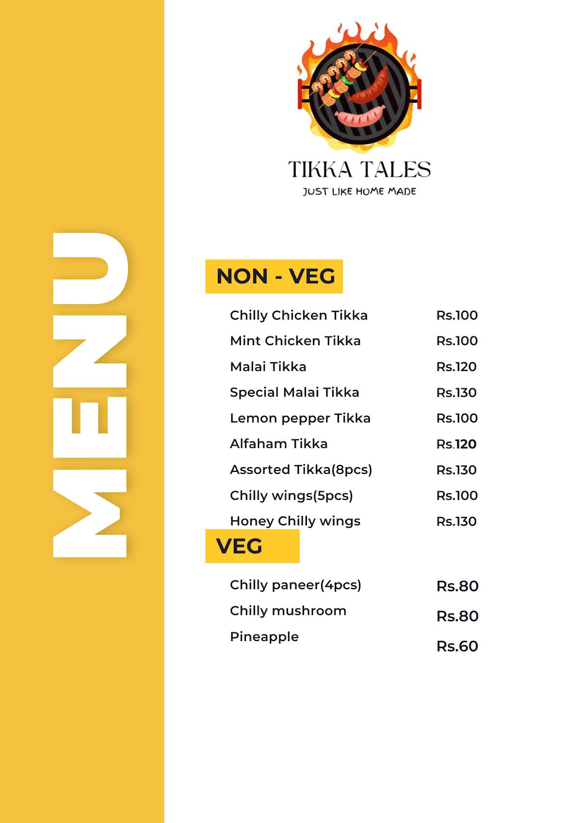 Menu at Tikka Tales, Chennai