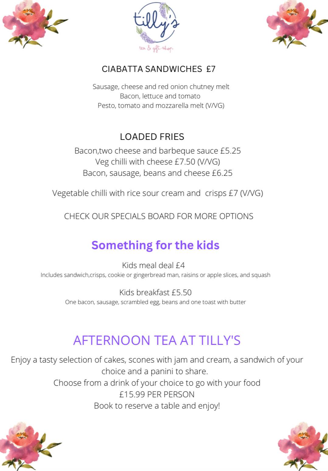 Menu at Tilly's Tea & Gift Shop cafe, Metheringham