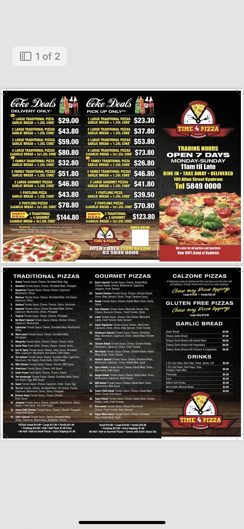 Menu at Time 4 Pizza - Kyabram pizzeria, Kyabram