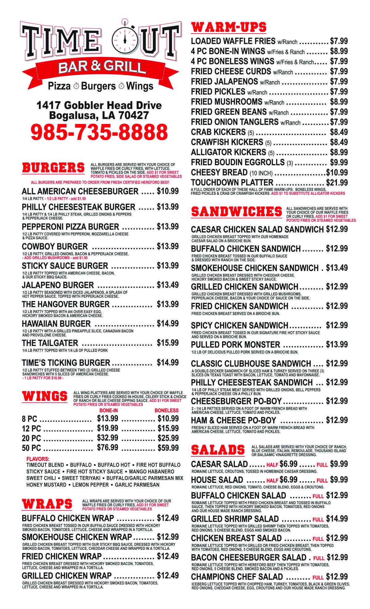 Menu at Time Out Bar & Grill, Bogalusa