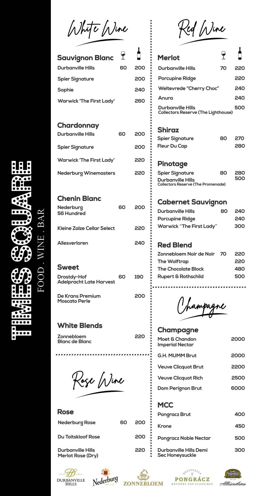 Menu at Times Square Durban restaurant, Durban