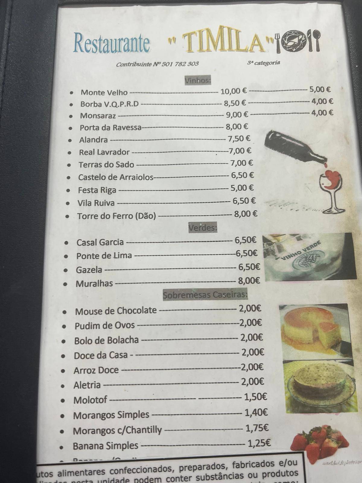 Menu at Timila pub & bar, Queluz