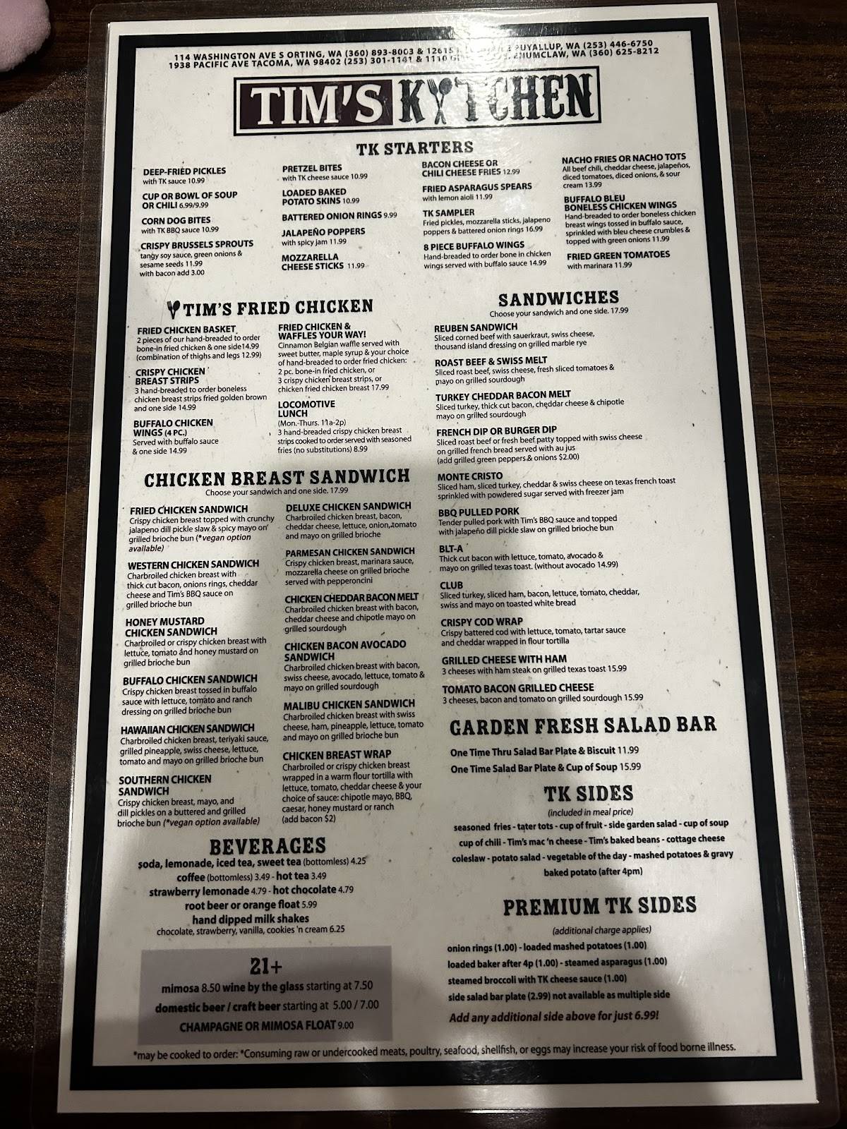 Menu at Tim's Kitchen (Orting, WA) restaurant, Orting
