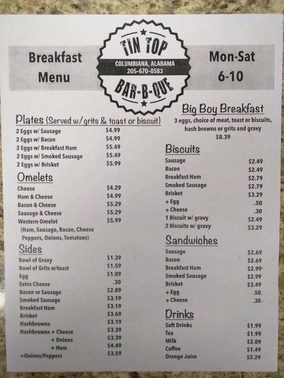 Menu at Tin Top Bar-B-Que 2, Columbiana