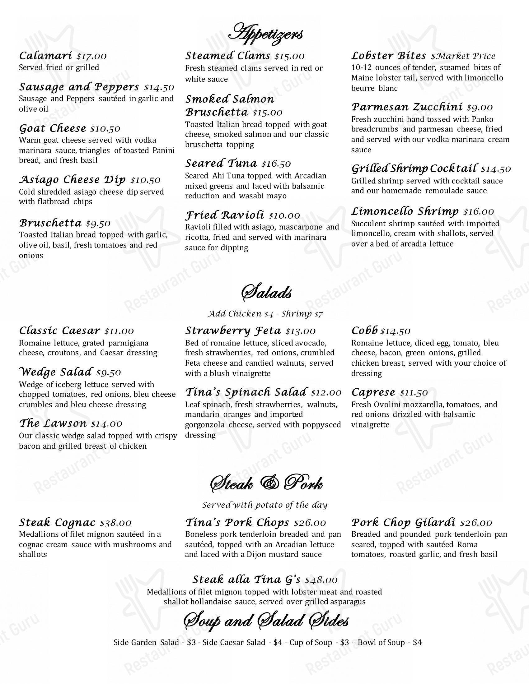 Menu at Tina G's restaurant, Mundelein