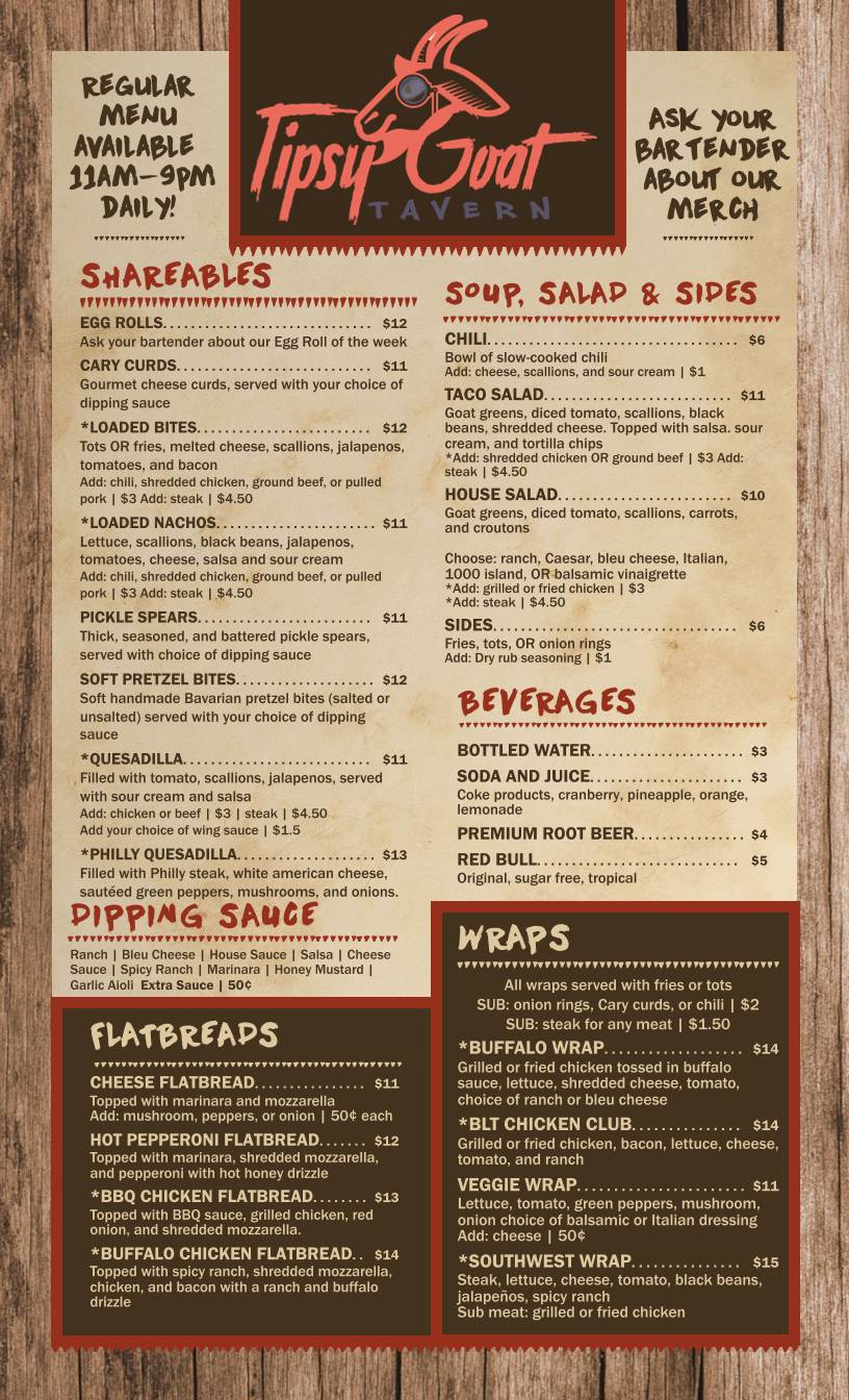 Menu at Tipsy Goat Tavern pub & bar, Cary