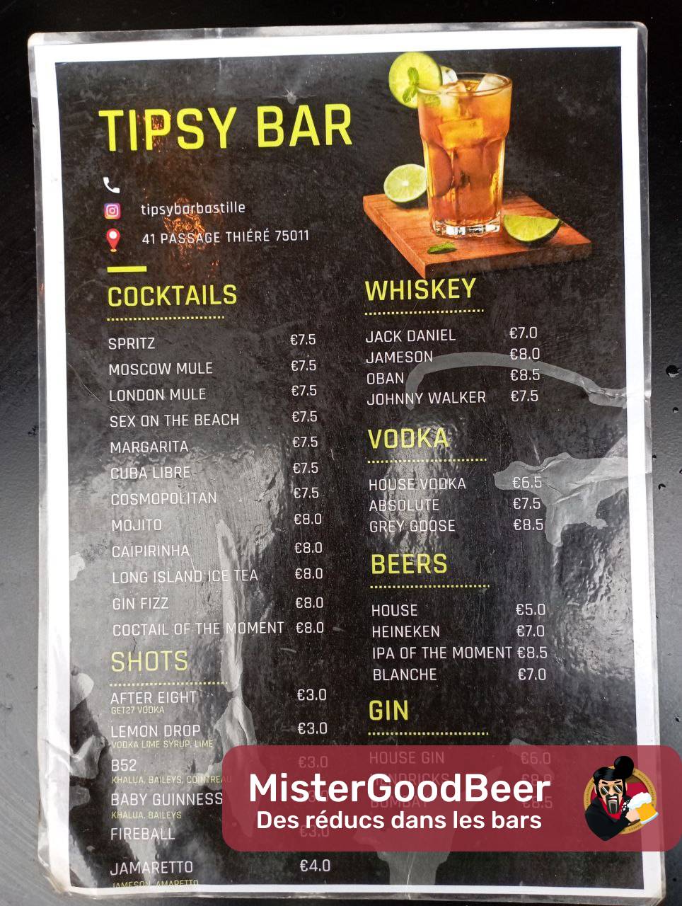 Menu au Tipsy pub et bar, Paris