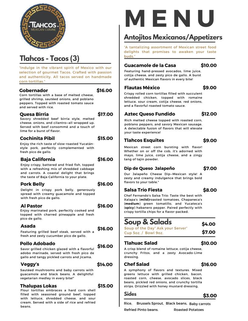 Menu at Tlahcos restaurant, Plainfield