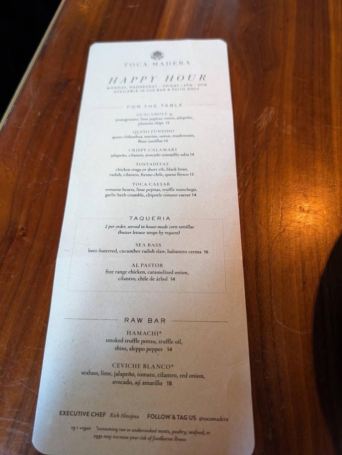 Menu at Toca Madera Scottsdale pub & bar, Scottsdale