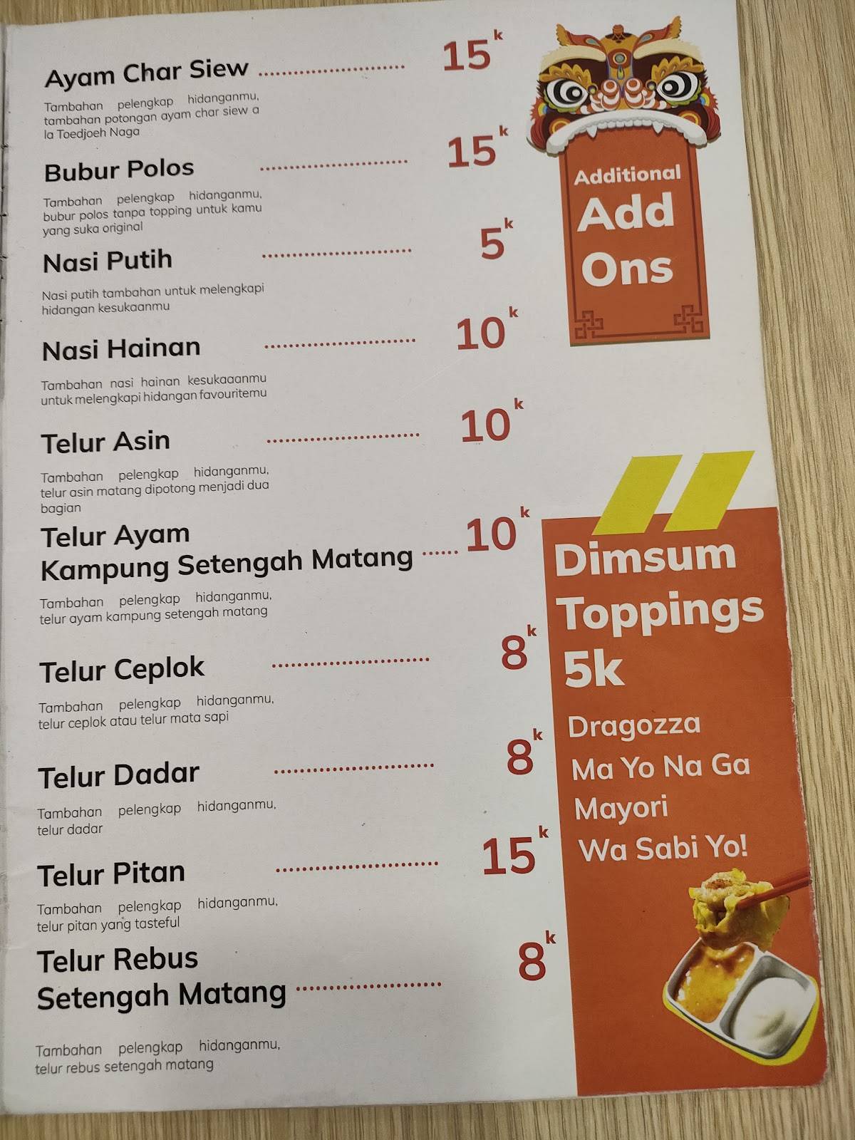 Menu at Toedjoeh Naga (Bubur dan Dimsum Halal) Legenda Wisata Cibubur ...