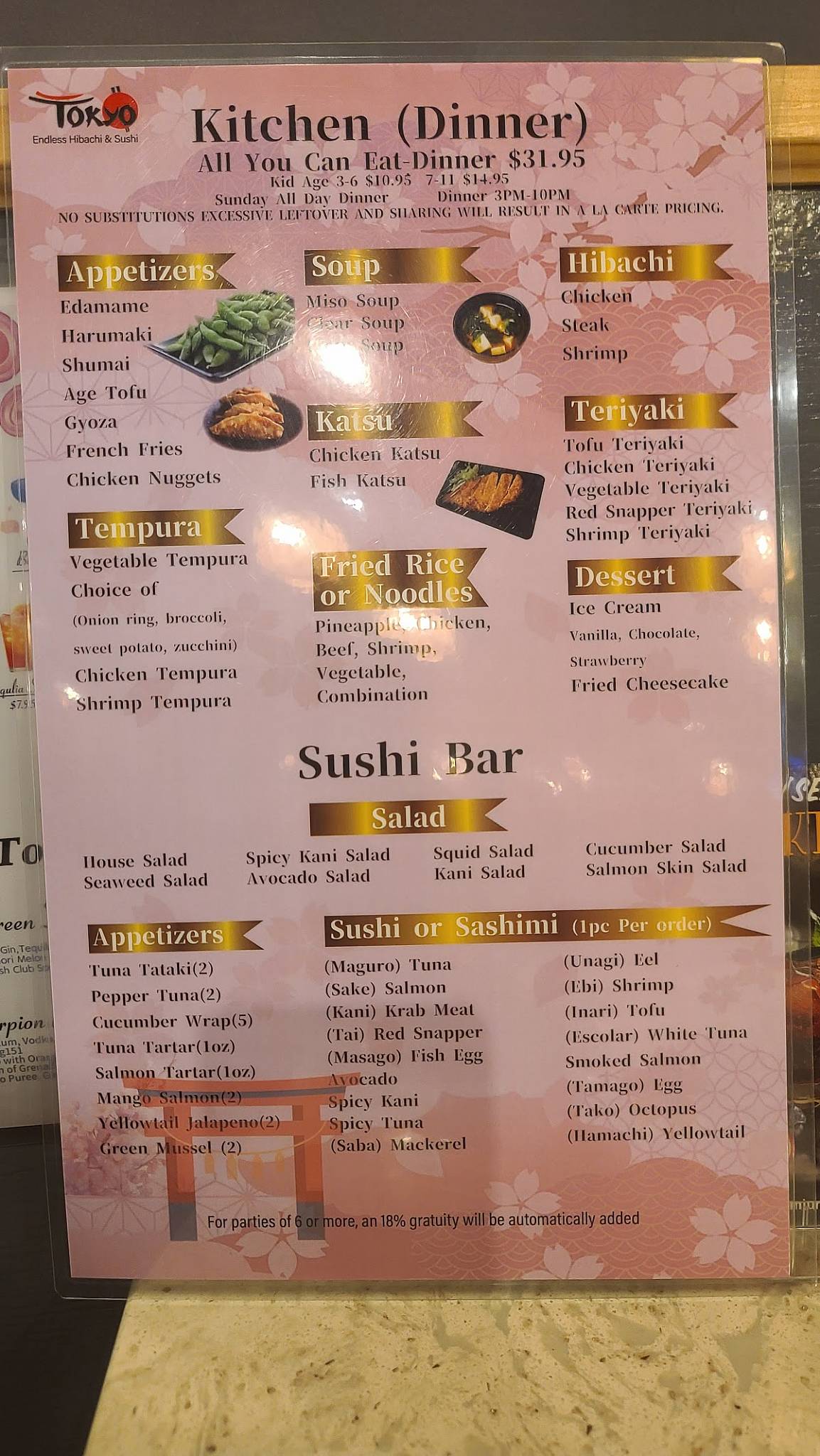 Menu at Tokyo Endless Hibachi & Sushi restaurant, Port Charlotte