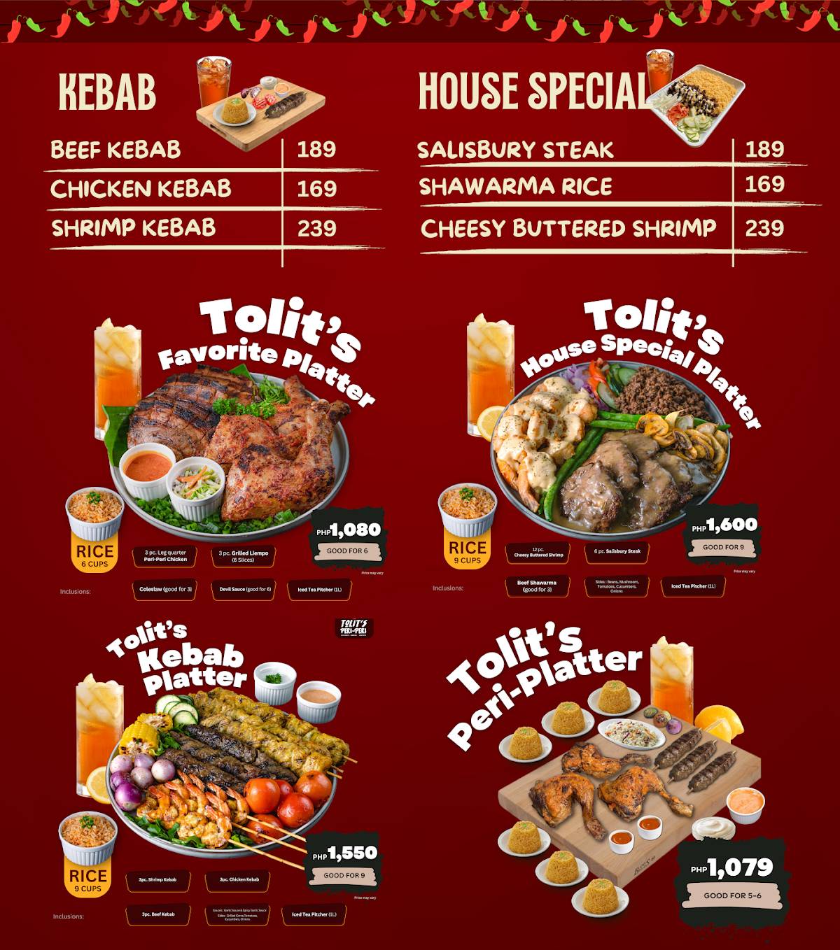 Menu at Tolit’s Peri-Peri restaurant, Bocaue