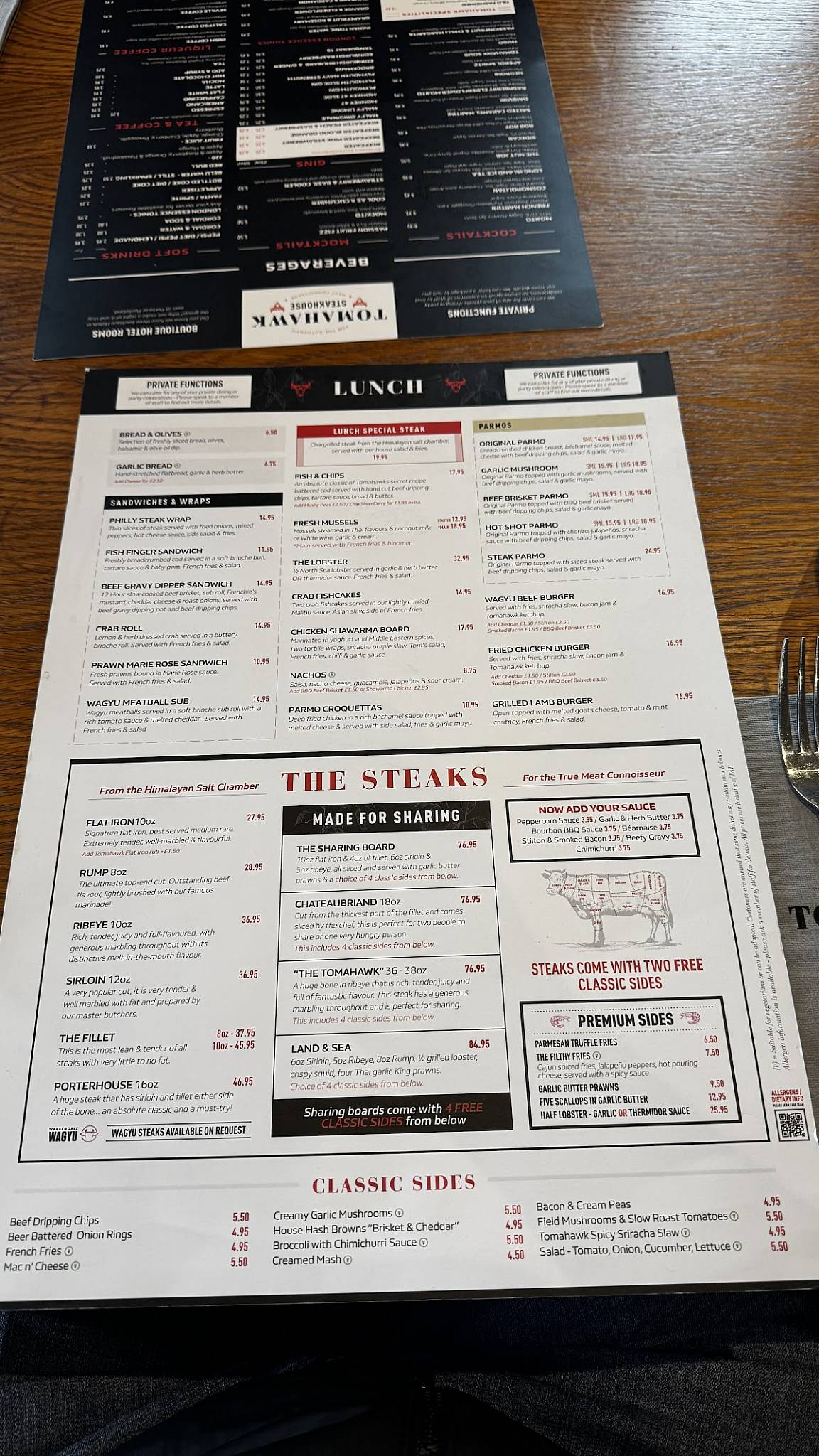 Menu at Tomahawk Steakhouse Saltburn, Saltburn-by-the-Sea