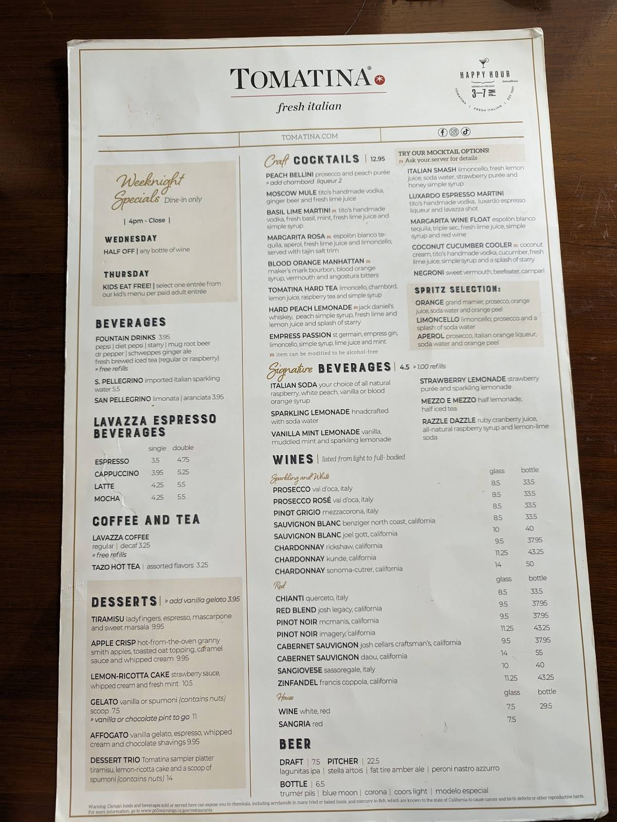 Menu at Tomatina pizzeria, Santa Clara
