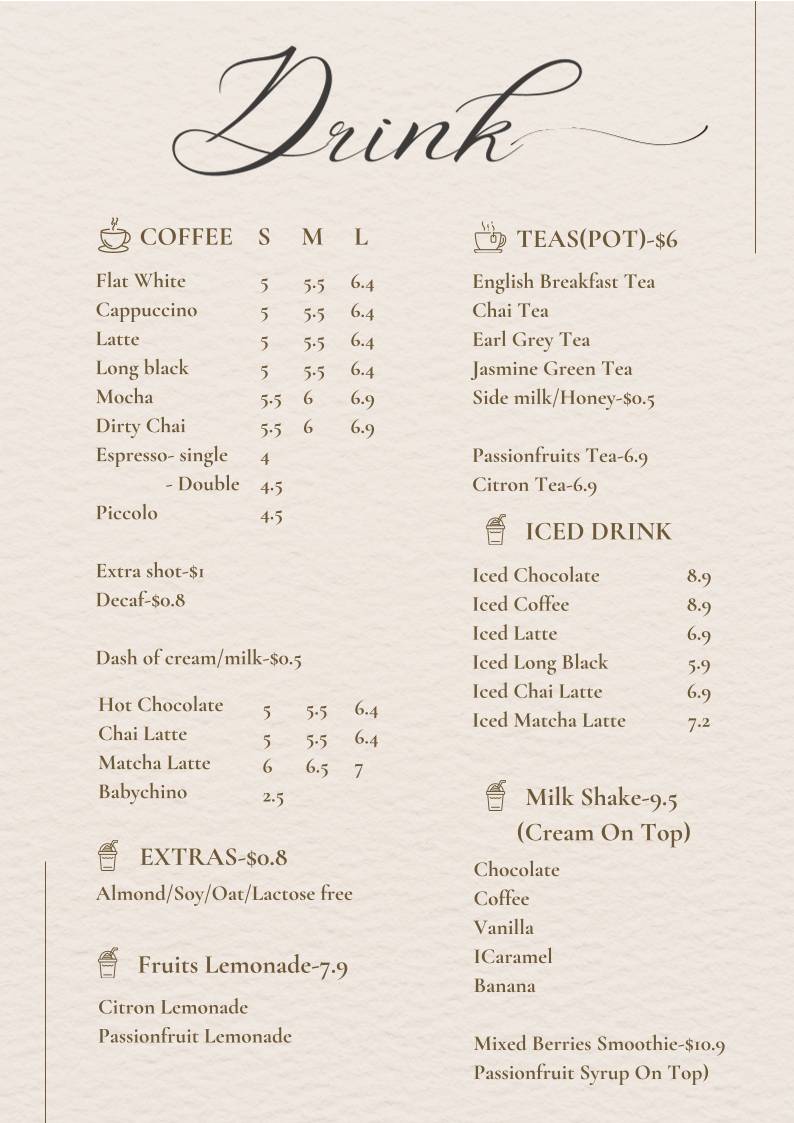Carta de Toowoomba Coffee House, Toowoomba