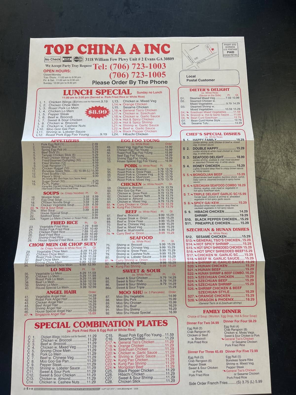Menu at Top China A INC restaurant, Evans, William Few Pkwy #2