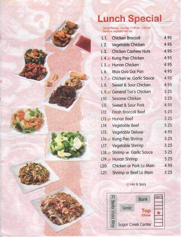 Menu at Top China restaurant, Bella Vista